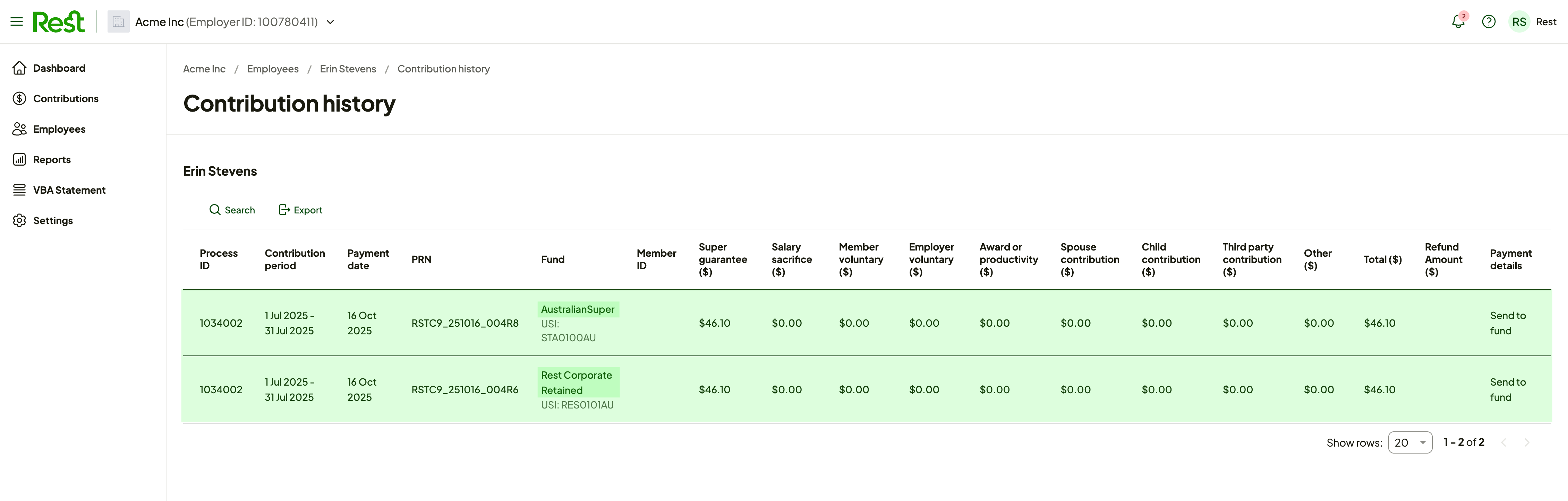 Employee Contribution History - Viewing multiple funds – Rest